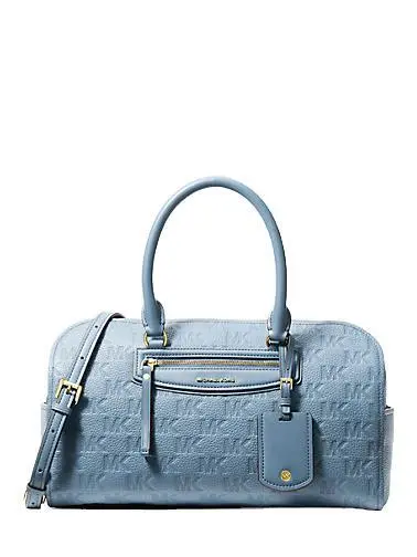 Michael Kors Jet Set Travel Medium Logo Embossed Leather Duffle Crossbody Bag - Blue