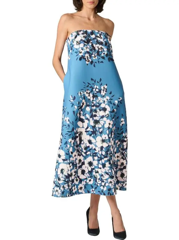 Aidan Mattox Printed Strapless Scuba Trapeze Dress - Blue Multi
