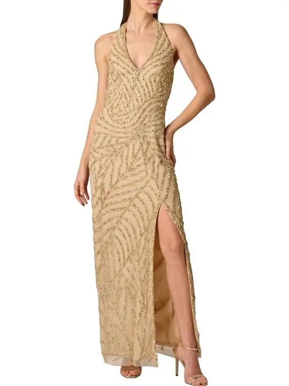 Aidan Mattox Sunburst Bead Detail Halter Neck Gown - Gold