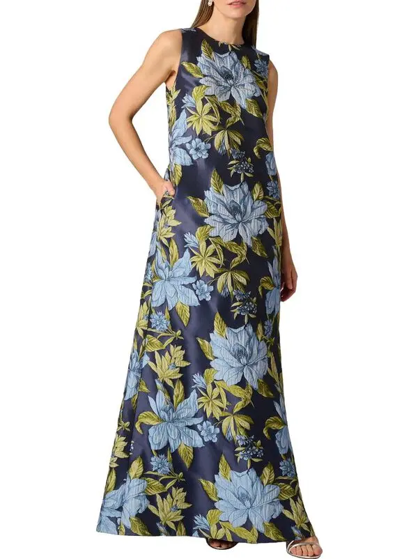 Aidan Mattox Floral Jacquard Trapeze Gown - Blue Multi