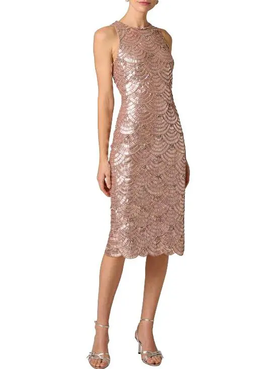 Aidan Mattox Beaded Sleeveless Midi Dress - Rose Gold