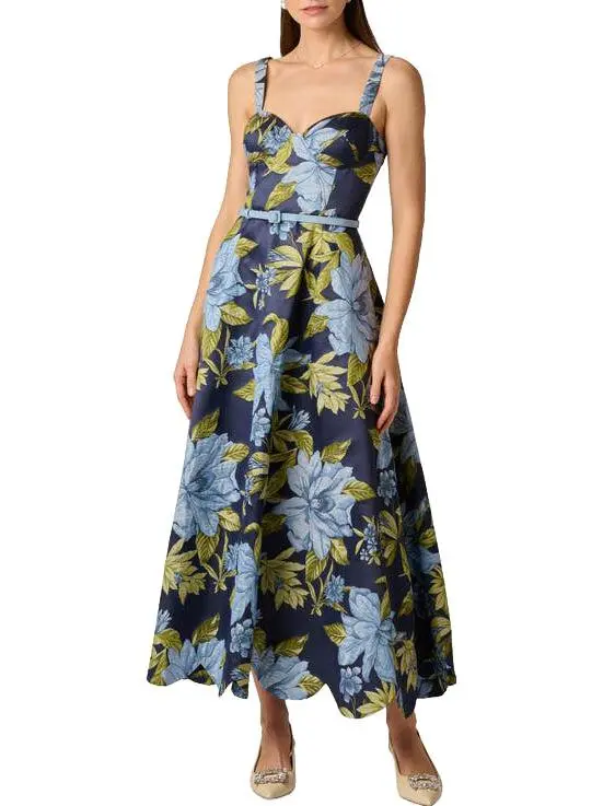 Aidan Mattox Floral Jacquard Party Dress - Blue Multi
