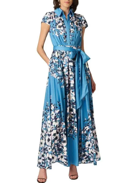Aidan Mattox Printed Tie Waist Gown - Blue Multi