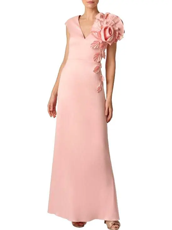 Aidan Mattox Stretch Mikado 3d Flower Gown - Pink Cloud