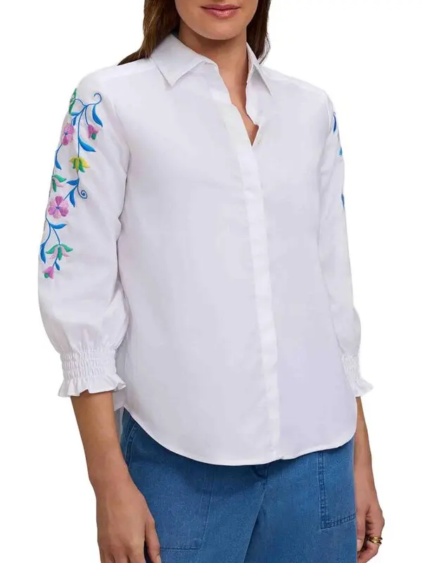 Foxcroft Embroidered Sleeve Button-up Shirt - White
