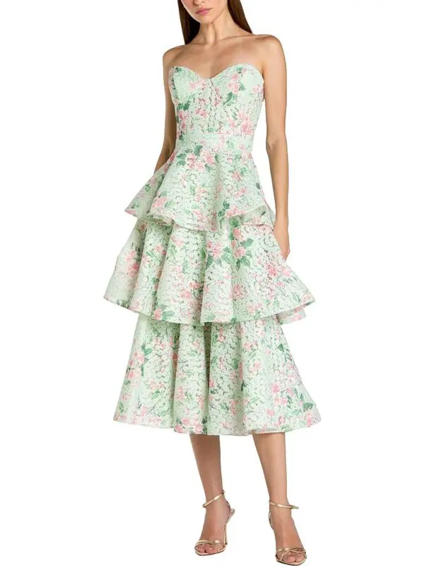 Mac Duggal Floral Net Strapless Tiered Ruffle Midi Dress - Mint Multi