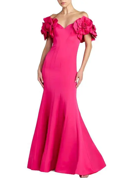 Mac Duggal Satin Off-the-shoulder Trumpet Gown With Floral Detail - Hot Pink