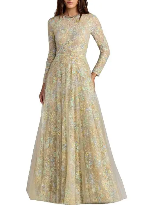 Mac Duggal Long Sleeve Embellished Lace Gown - Nude Multi