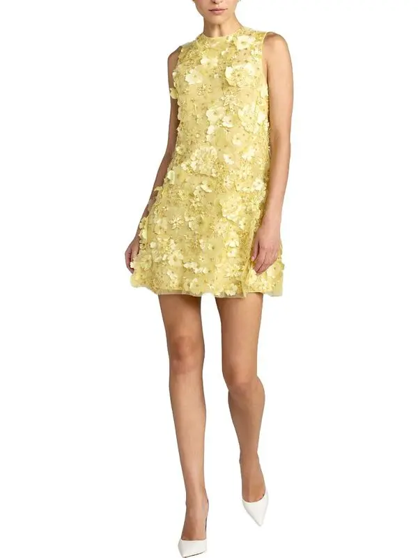 Mac Duggal Floral Beaded Mesh Trapeze Mini Dress - Yellow