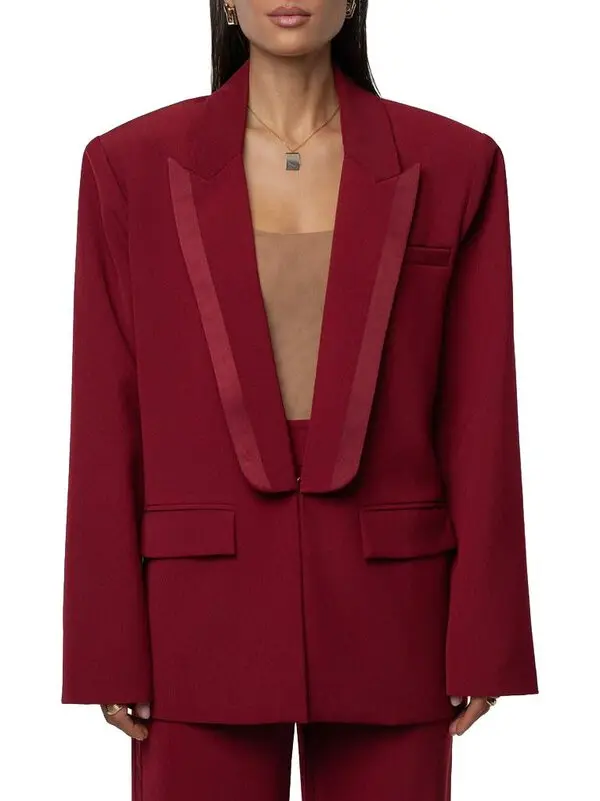 JLUXLABEL Woven Blazer With Satin Details - Burgundy