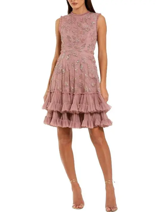Mac Duggal High Neck Beaded Mini Dress - Antique Rose