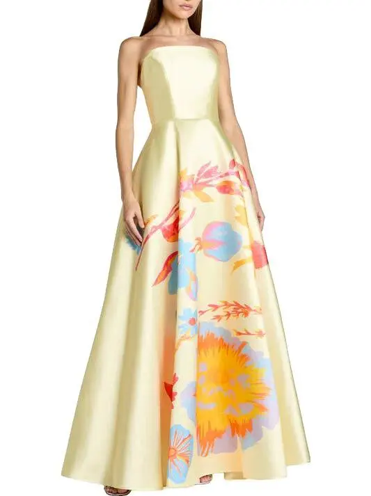 Mac Duggal Strapless Floral Printed Mikado Ball Gown - Butter Multi