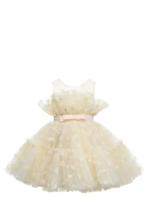 MIA BELLE GIRLS Embroidered Floral Tulle Dress - Yellow