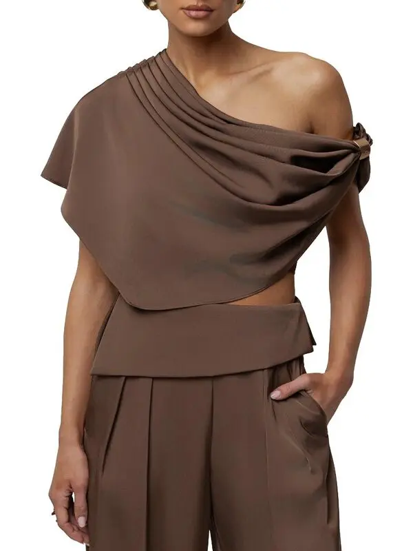 JLUXLABEL Draped One-shoulder Top With Cuff Detail - Chocolate