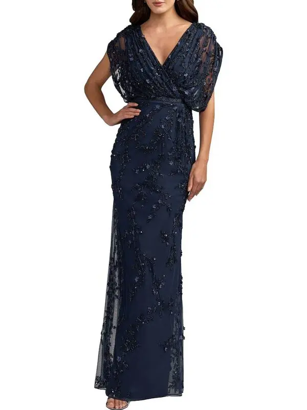 Mac Duggal Beaded V-neck Short Sleeve Blouson Gown - Navy