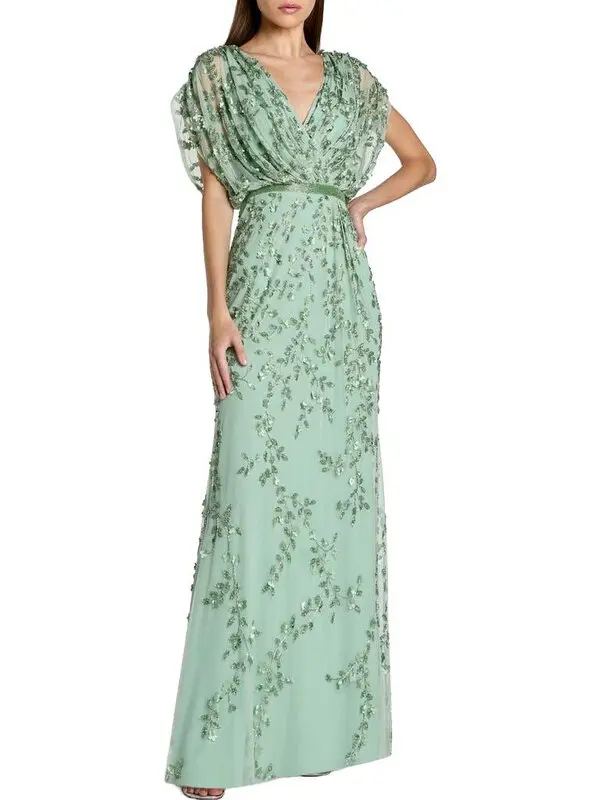 Mac Duggal Beaded V-neck Blouson Gown - Seafoam