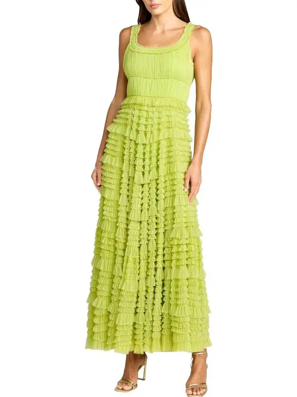 Mac Duggal Micro Ruffle Sleeveless Maxi Dress - Apple Green