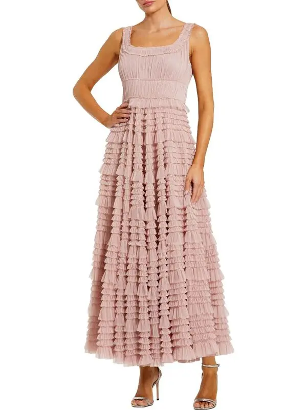Mac Duggal Micro Ruffle Sleeveless Tiered Maxi Dress - Rose