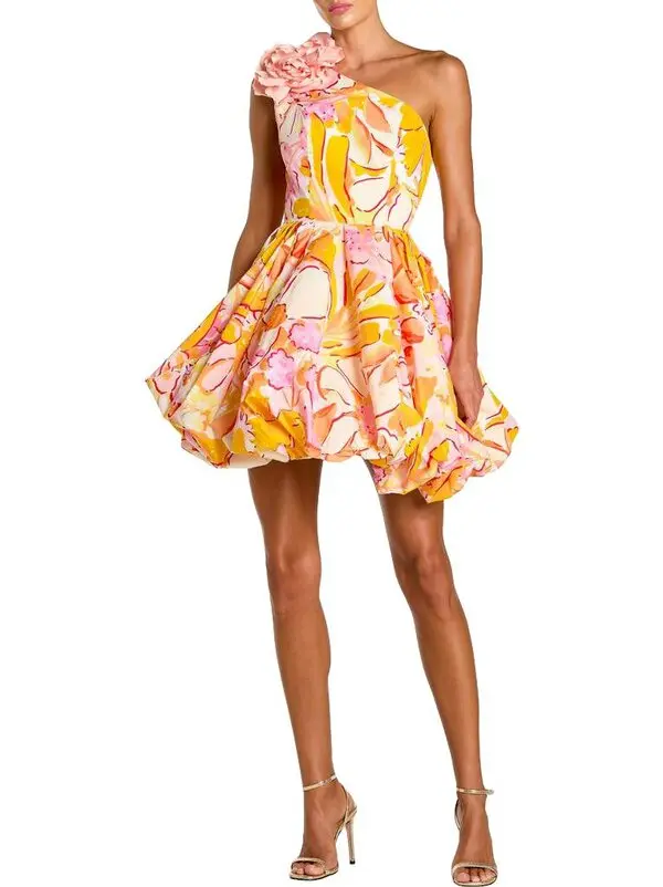Mac Duggal Floral One-shoulder Faille Mini Dress - Sunshine Multi