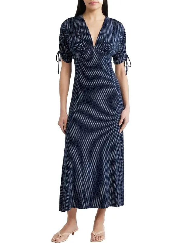 Loveappella Ruched Sleeve Empire Waist Maxi Dress - Navy