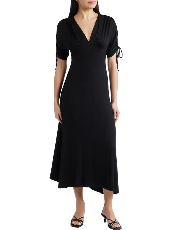 Loveappella Ruched Sleeve Empire Waist Maxi Dress - Black