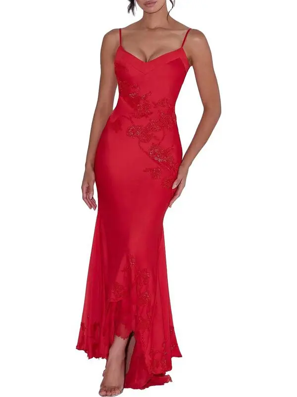 House Of Cb Anastelle Bead Embellished Satin Mermaid Gown - Red