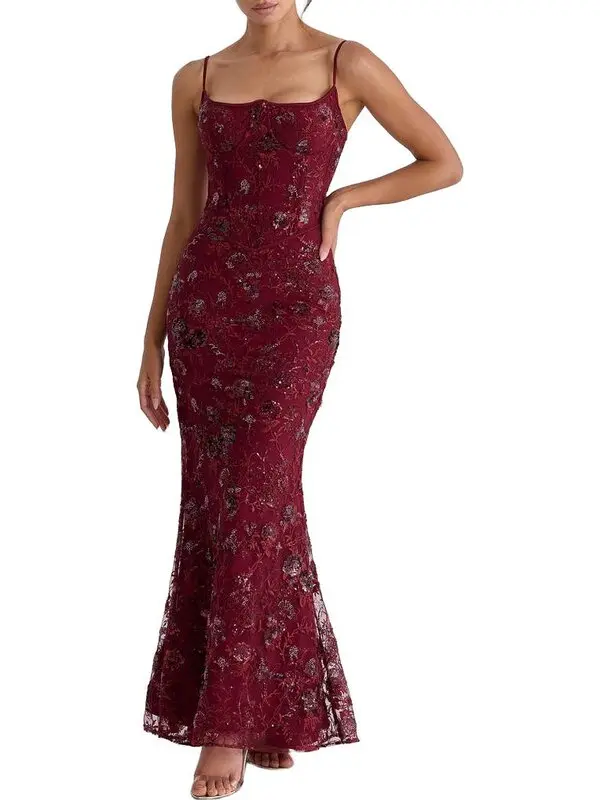 House Of Cb Naima Hand-beaded Gown - Wine
