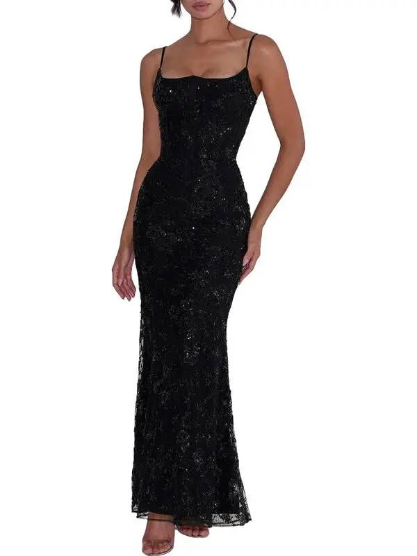 House Of Cb Naima Beaded Gown - Black