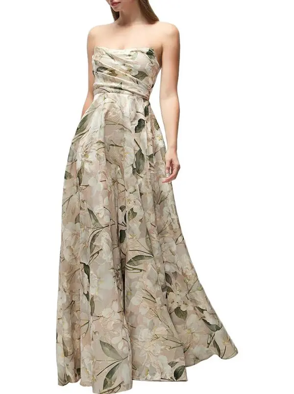 Dessy Collection Floral Strapless Organza Gown - Plumeria Floral Print