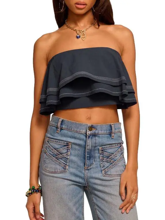Ramy Brook Poppy Ruffle Strapless Crop Top - Navy