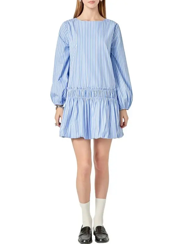 English Factory Stripe Cotton Blend Mini Dress - Powder Blue