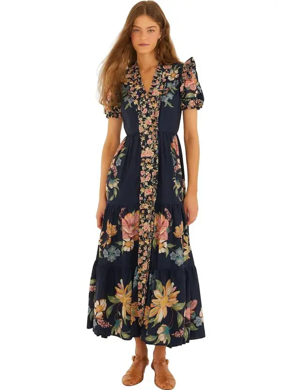 Farm Rio Floral Maxi Dress - Maira Floral Dark Blue