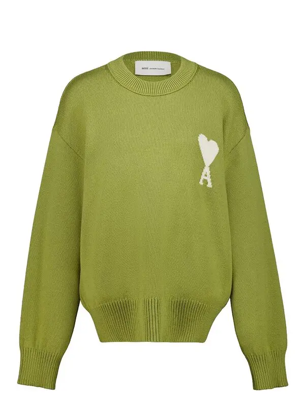 AMI Paris Matcha Wool And Cotton De Coeur Crewneck Sweater - Green