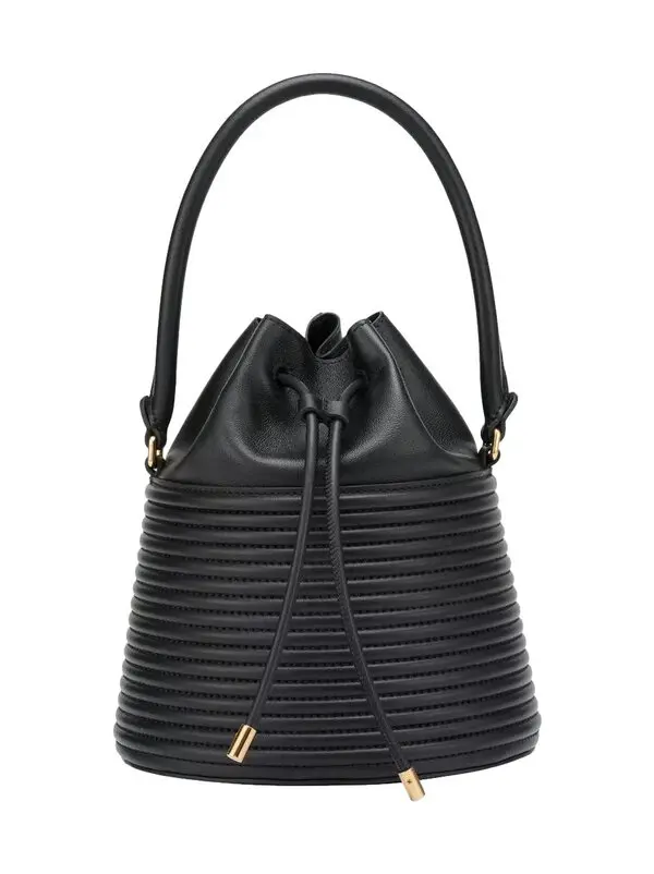 POTAMY Drawstring Ribbed Leather Bucket Bag - Black