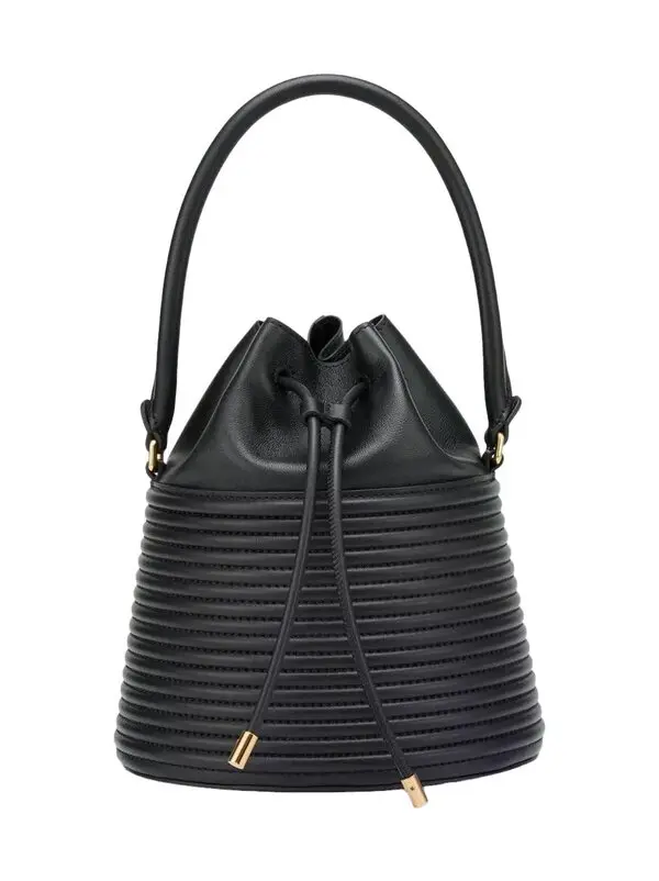 POTAMY Drawstring Ribbed Leather Bucket Bag - Black