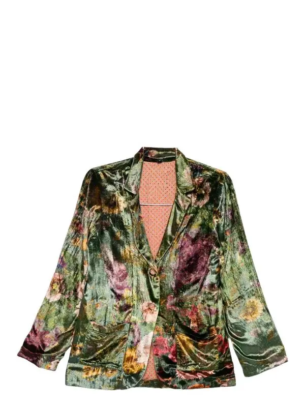 YAVI Floral Print Velvet Blazer - Green