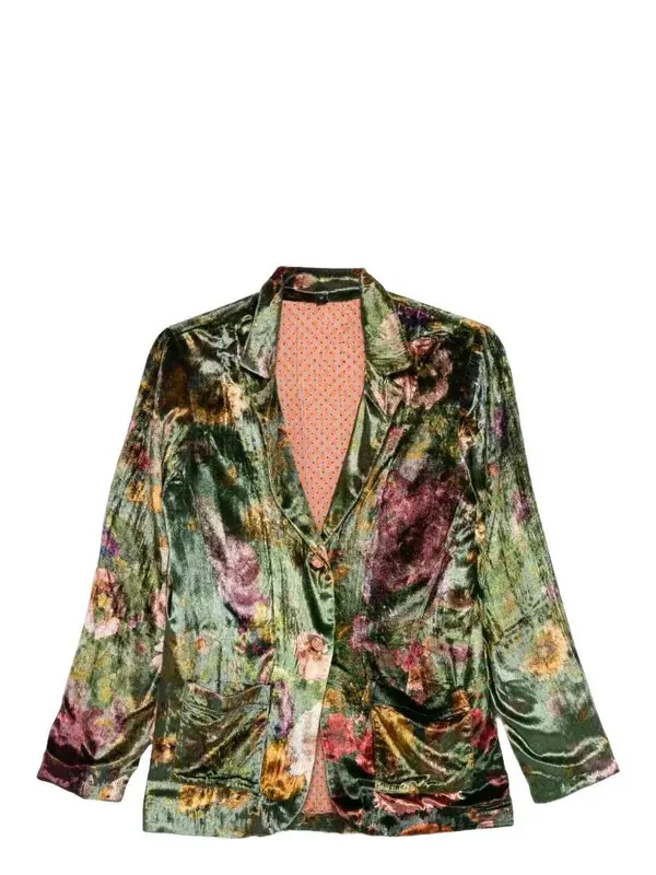 YAVI Floral Print Velvet Blazer - Green