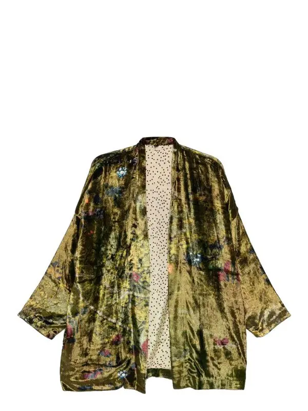 YAVI Floral Print Velvet Jacket - Green
