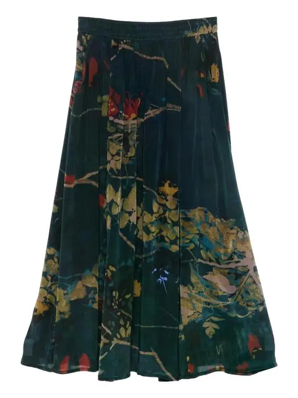YAVI Floral Pleated Midi Skirt - Green
