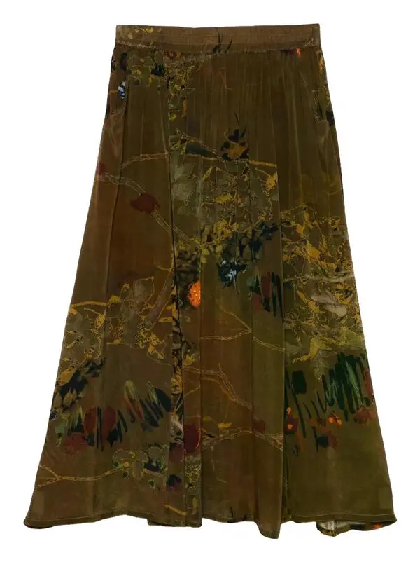 YAVI Floral Print Pleated Skirt - Brown