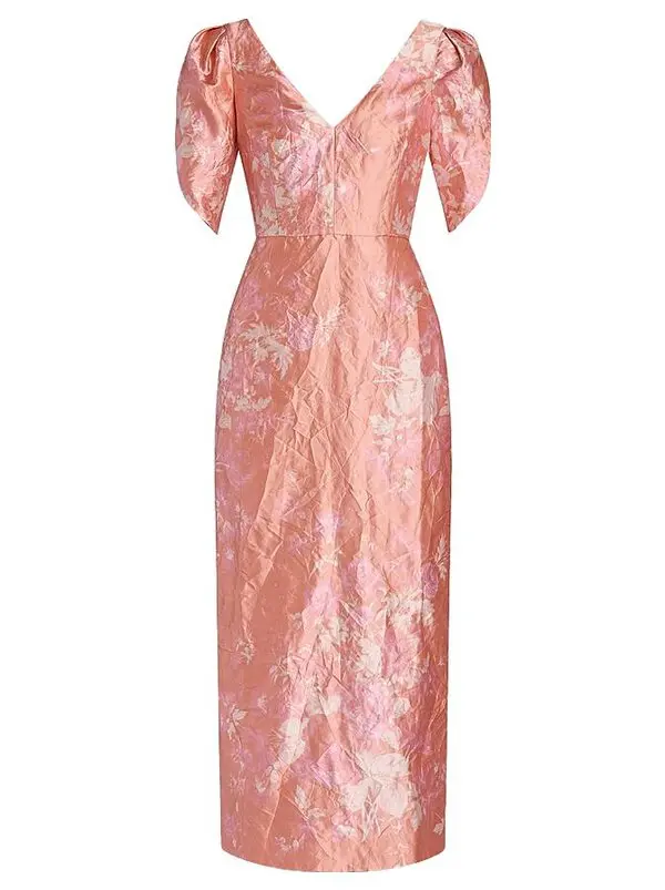 Erdem Satin Midi Dress - Rose Bouquet Peach Pink