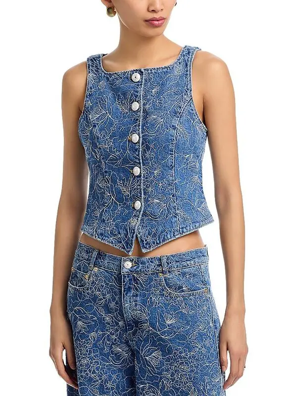 Cinq À Sept Garden Doodle Denim Vest - Salt Breeze