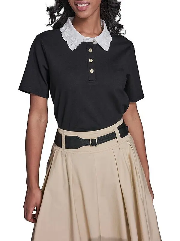 Karl Lagerfeld Paris Floral Collar Polo Top - Black