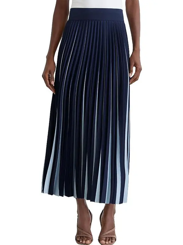 REISS Pleated Midi Skirt - Navy/pale Blue