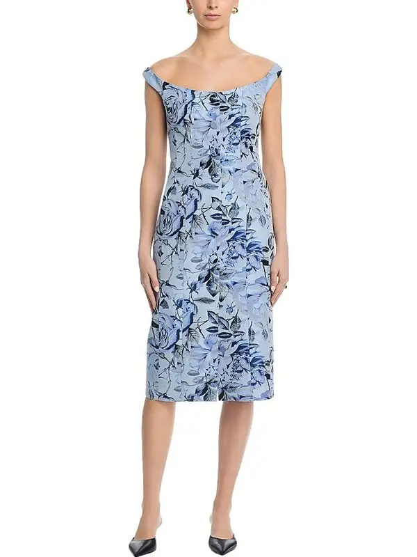 MILLY Floral Jacquard Off-the-shoulder Dress - Blue/navy