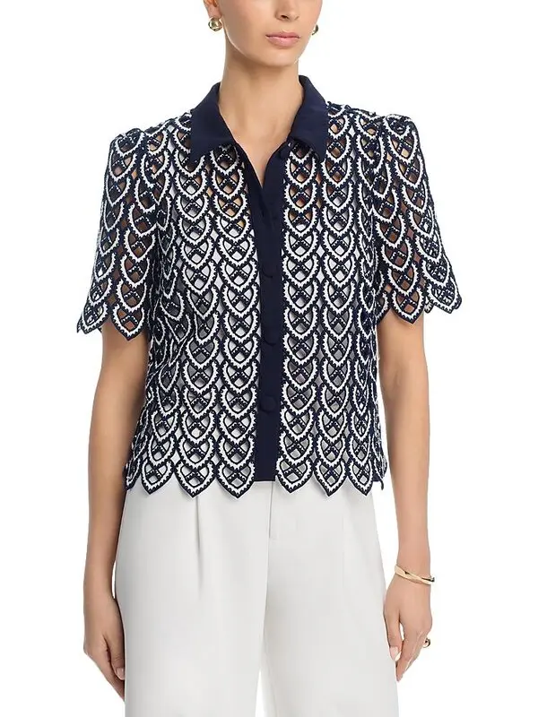 MILLY Addison Lace Top With Collar And Short Sleeves - Navy/white