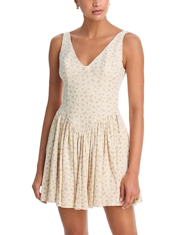 Aqua Ditsy Floral Drop Waist Mini Dress - Ivory Multi