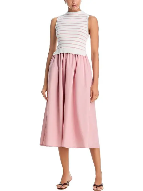 Aqua Stripe Knit Poplin Midi Dress - Rose White