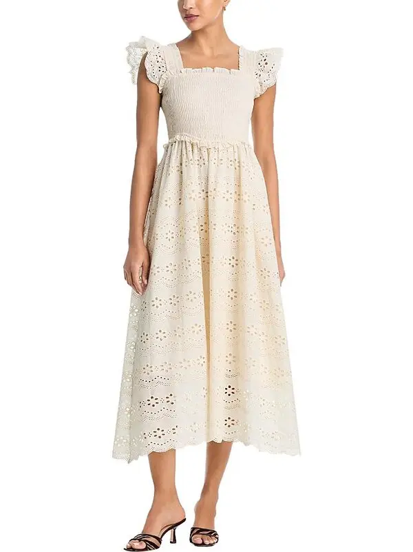 Aqua Eyelet Smocked Midi Dress - Ivory
