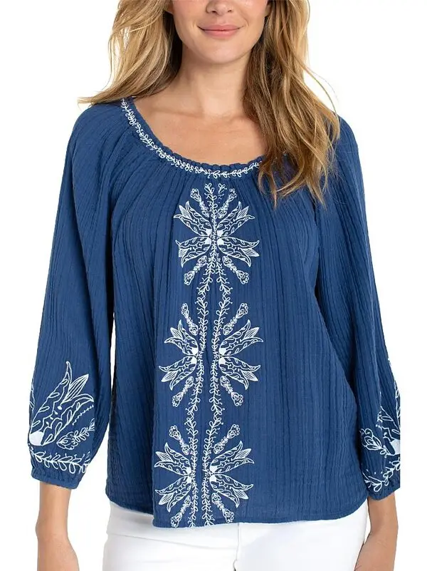 LIVERPOOL Embroidered 3/4 Sleeve Top - Liberty Blue